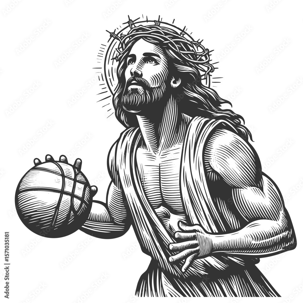 Jesus Christ with a halo and crown of thorns, holding a basketball in a ...