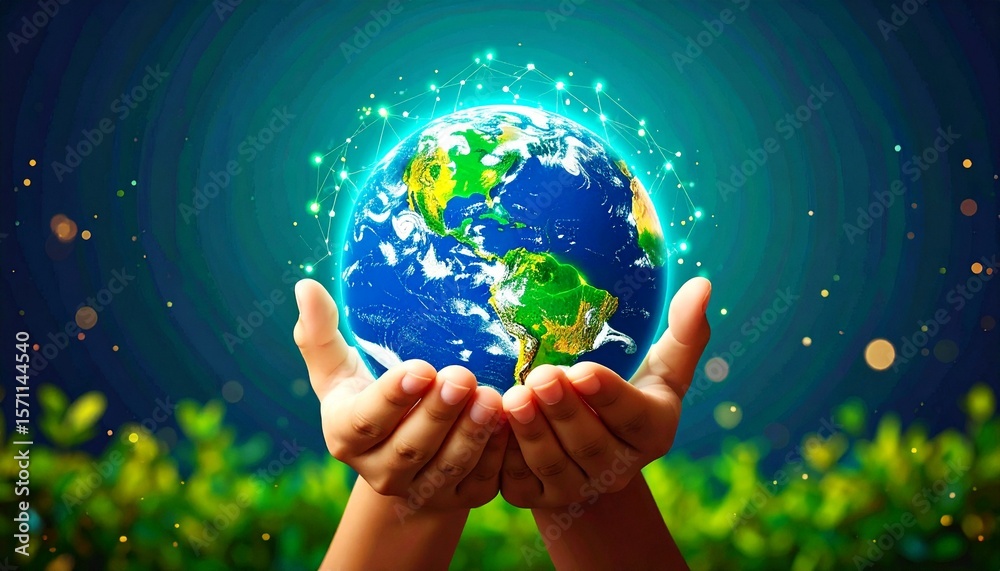 A pair of hands extend gracefully into a dark blue void, appearing to ...