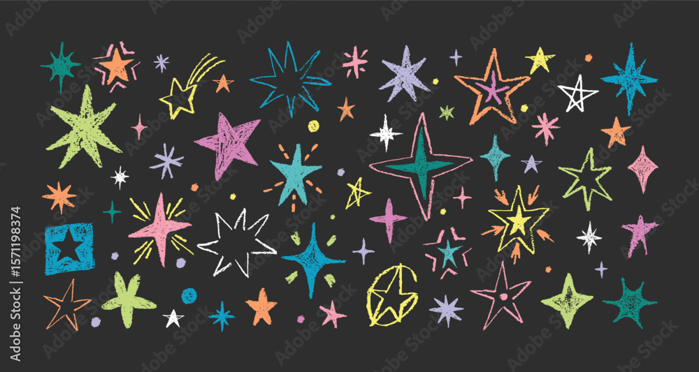 Crayon stars. Colorful pencil hand drawn sparkles, bursts with chalk ...