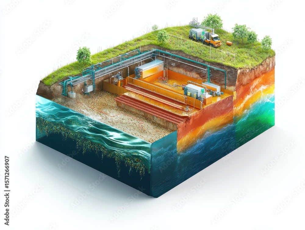 Technical schematic of an oil spill bioremediation zone showing booms ...