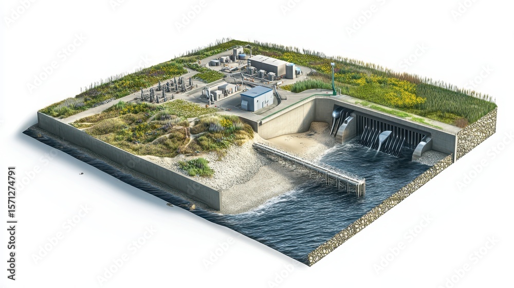 Technical schematic of a tidal power station integrated with a coastal ...