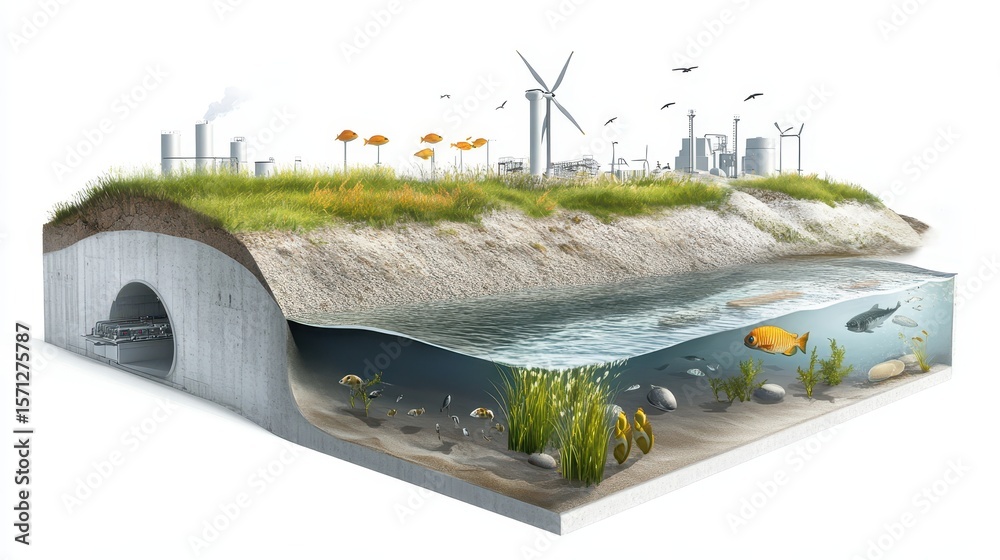 Technical schematic of a tidal power station integrated with a coastal ...