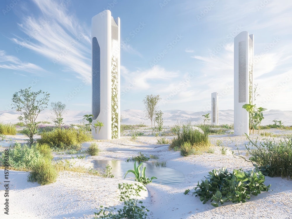 Technical diagram of vertical solar desalination columns in an arid ...