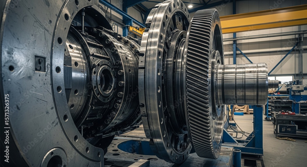 Wind Turbine Gearbox Repair Shop, Side-view of enormous exposed turbine ...