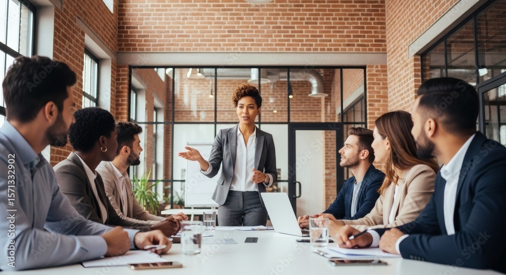 Confident businesswoman leading a strategic discussion with diverse ...
