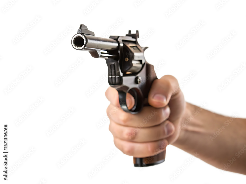 Hand holding a dark wood grip revolver aiming forward isolated on a ...