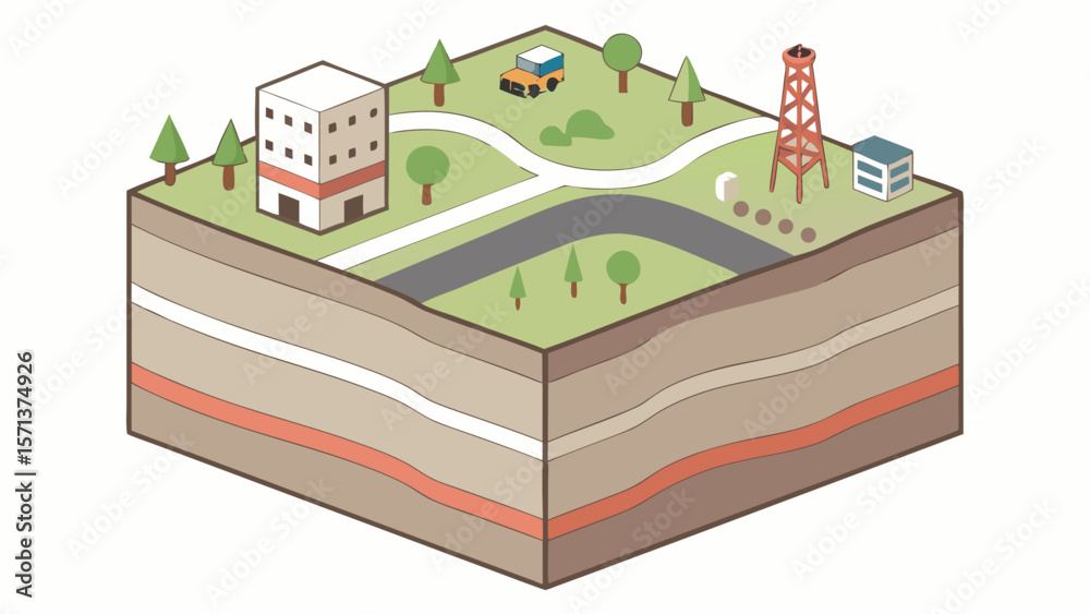 Isometric view of a layered earth section with buildings trees and a ...