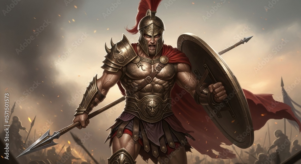 An epic fantasy illustration of Ares, the Greek god of war, leading his ...
