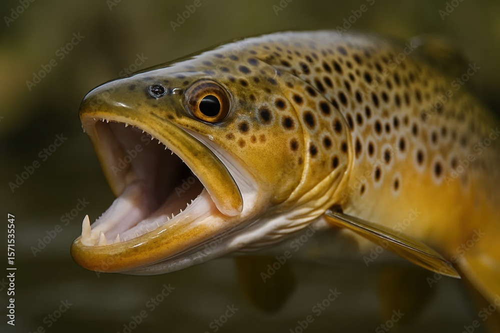 A close-up of a brown trout's open mouth, revealing its formidable ...