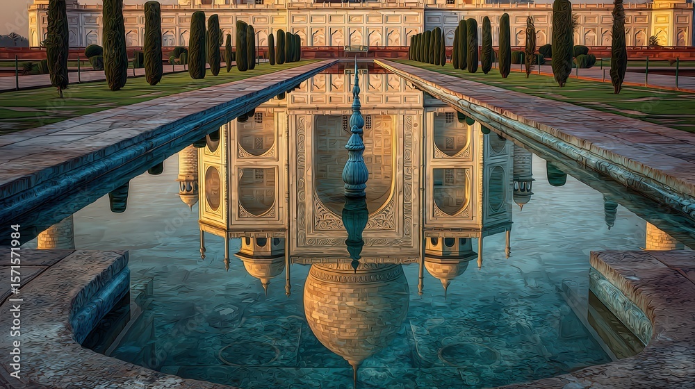 Reflective pool in front of the Taj Mahal, creating a perfect mirror ...