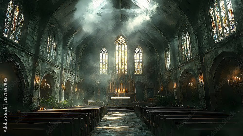Dim interior of a Gothic church. Stained glass windows and mist fill ...