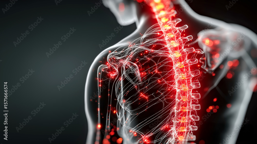 3D Illustration of Human Spine and Nervous System with Glowing Red ...