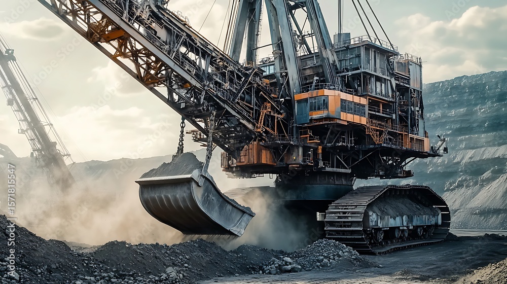 Heavy Dragline Excavator Lifting Huge Earth Bucket During Intense ...
