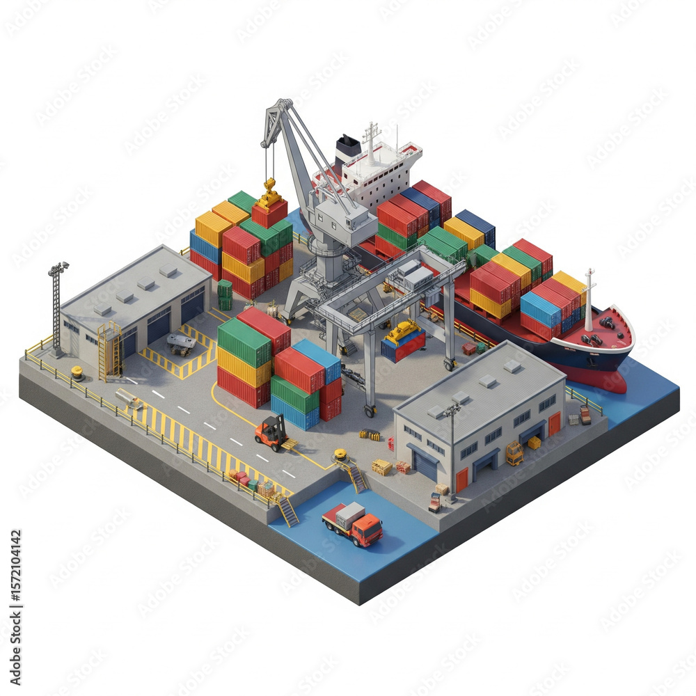 Low Poly 3D Model of a Busy Container Port with Cargo Ships, Cranes ...