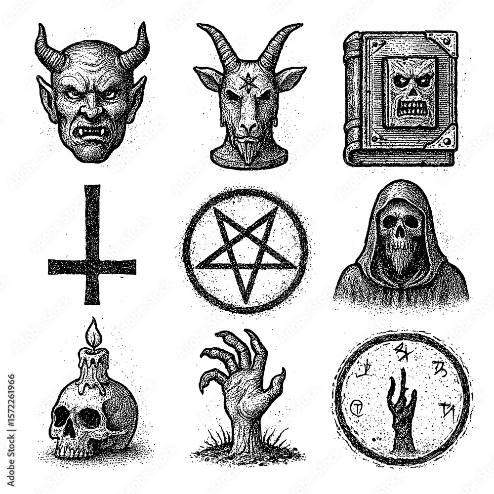 Medieval Demonic Symbols and Devil Faces – Vintage Engraving Style of ...