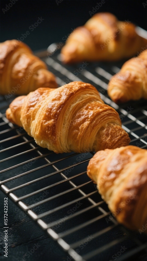 Freshly baked croissants are placed on the rack, golden in color and ...