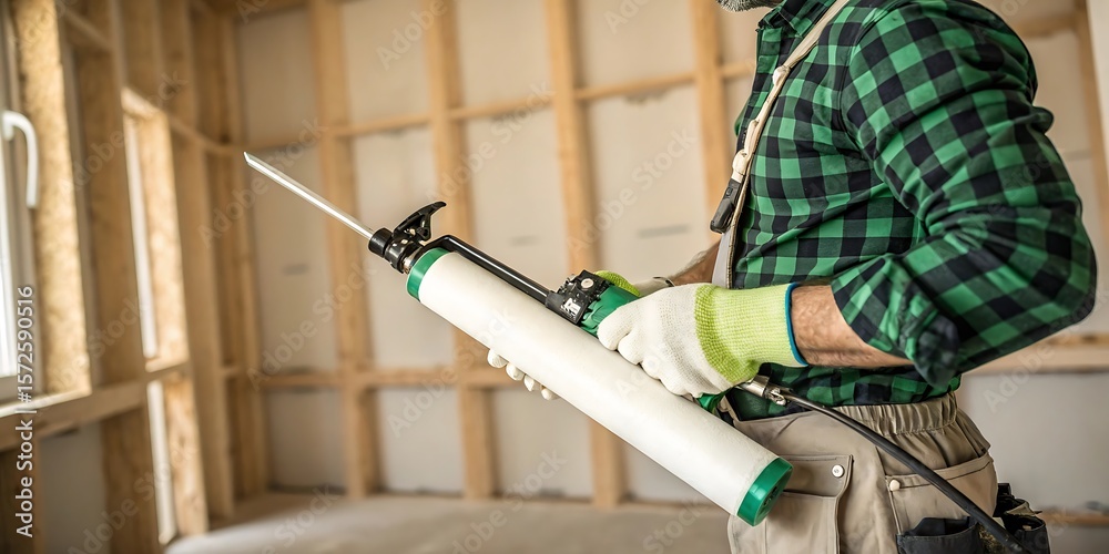 Man using foam insulation gun for house construction and renovation ...