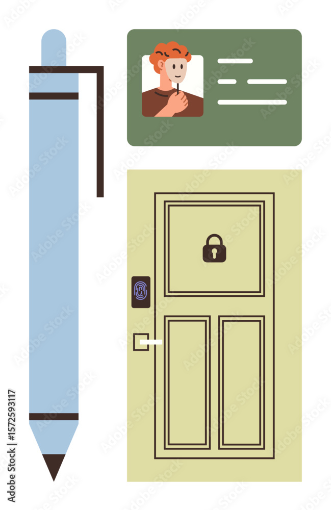 ID card with person details, locked door with fingerprint access, and a ...