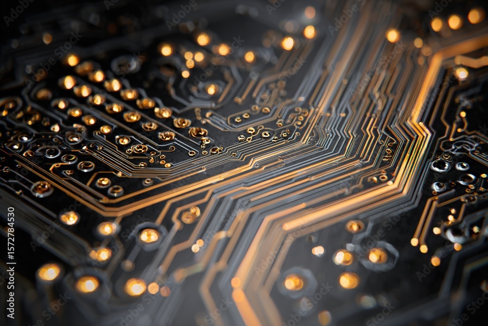 High contrast image of a black PCB with golden circuits and solder ...