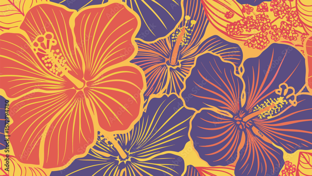 A vibrant floral pattern featuring large hibiscus flowers in shades of ...