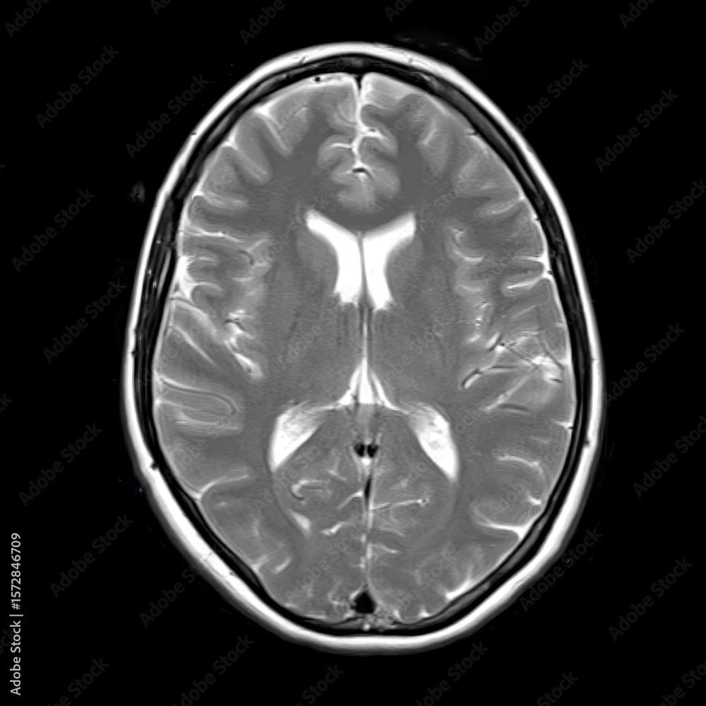 Axial T2-weighted brain MRI of a 40-year-old showing normal anatomy of lateral ventricles ...