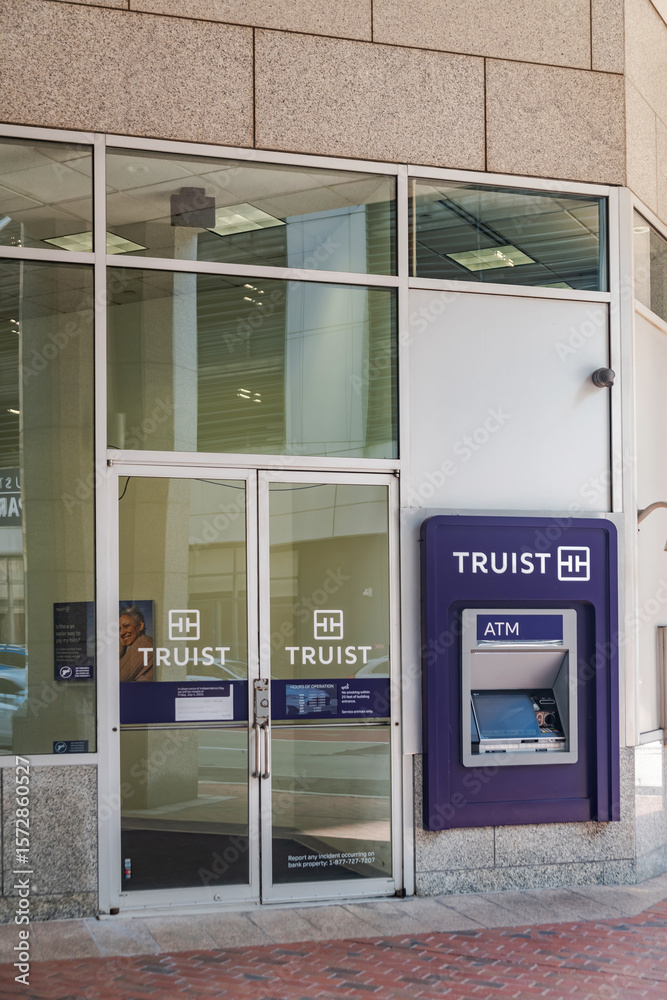 popular American bank. TRUIST bank building in Baltimore. ATM and glass ...