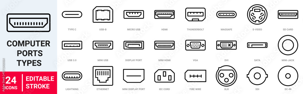 Computer ports types, electronic device input cable cords. Vector ...