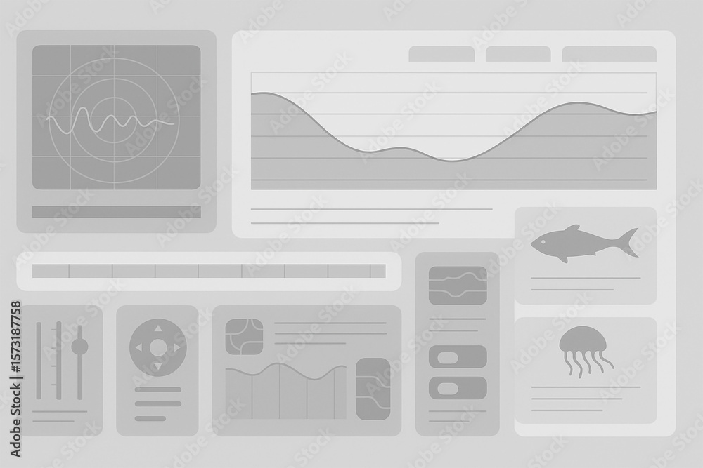Grayscale underwater research dashboard UI with sonar radar, ocean wave ...