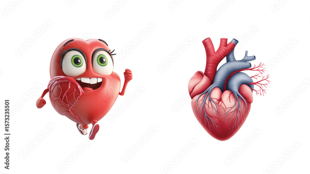 Stock-Illustration „Cartoon heart with eyes and realistic heart showing ...