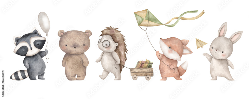 Woodland friends. Watercolor hand-drawn clip art with forest animals ...