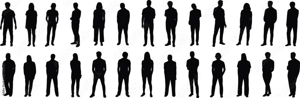Diverse Group of People Silhouettes Standing Vector Collection: Full ...