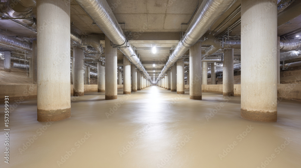 Large underground drainage facility with concrete pillars and metal ...