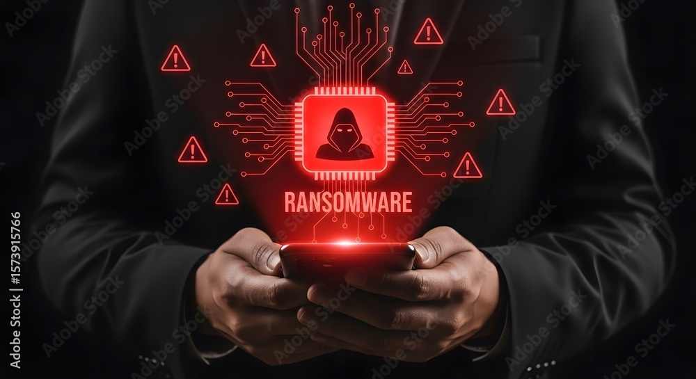 Businessman holding phone with ransomware alert, facing online threats ...