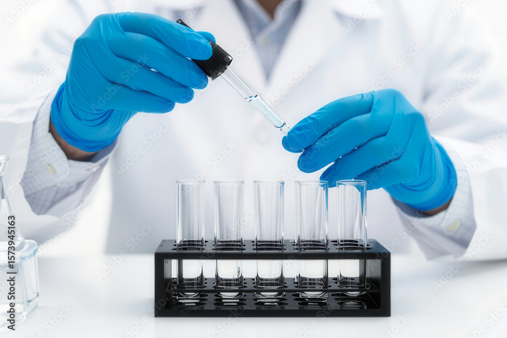 x-default Scientist in blue gloves using a pipette to fill test tubes ...