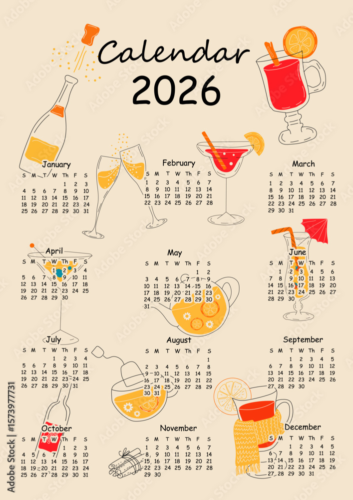 2026 calendar design with different drinks for different seasons. Hand ...