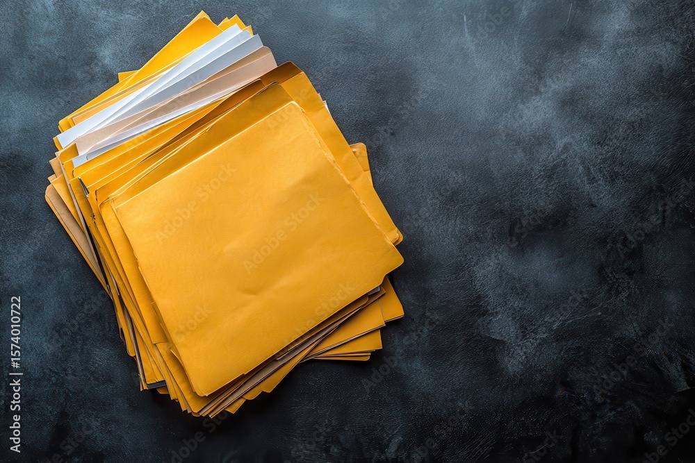 Stack of brown, white envelopes on dark backdrop. It can illustrate ...