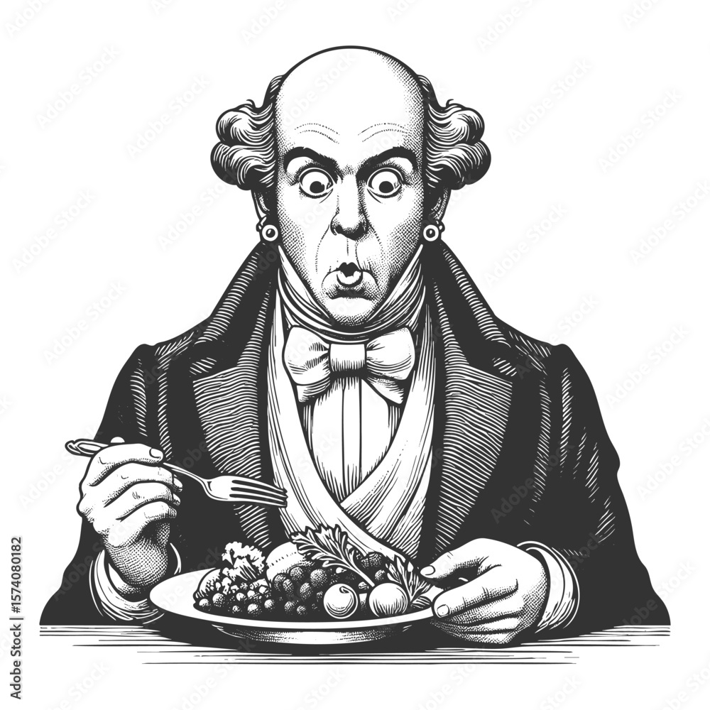 bald man in formal attire, staring in shock at a gourmet meal on his ...