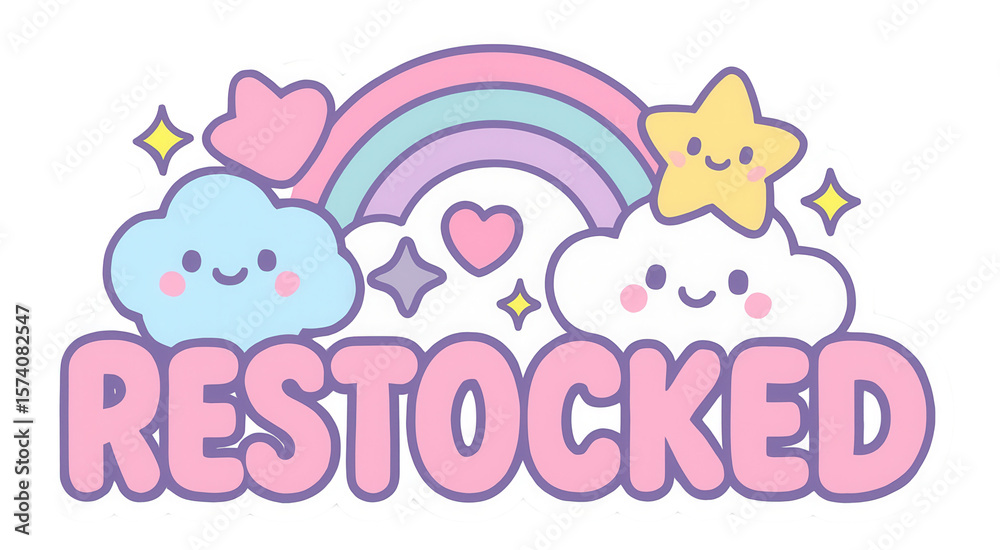 Pastel bubble sticker with RESTOCKED message featuring cute clouds and ...