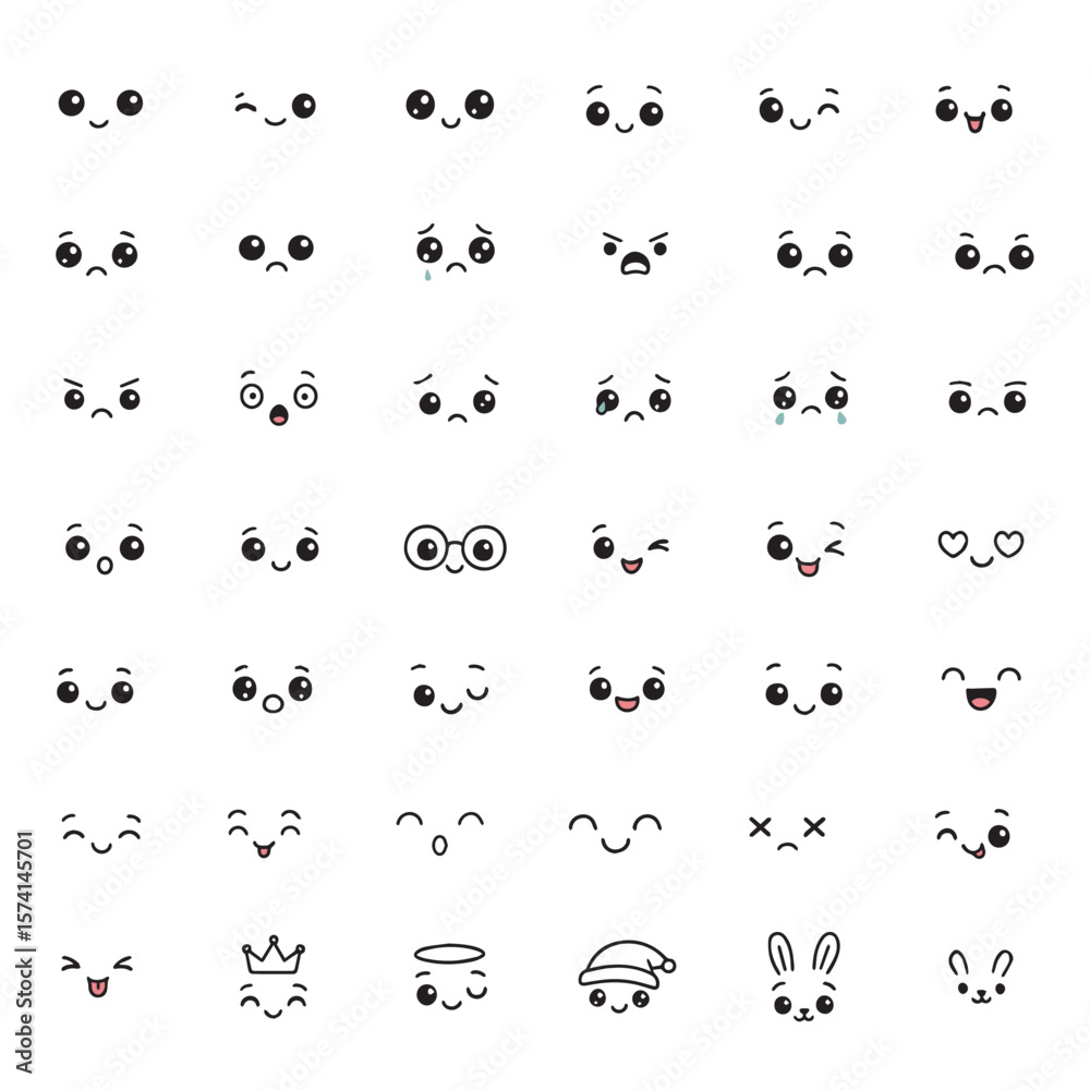 Adorable set of kawaii facial expressions vector illustrations ...