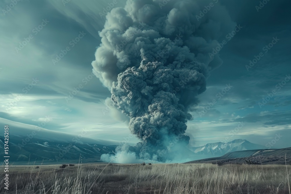 Dramatic volcanic eruption creating a massive plume of smoke and ash ...