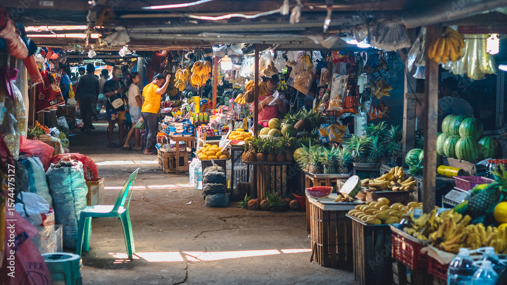 Coron Town market vegetables, fruits, and food stands in old fashion ...