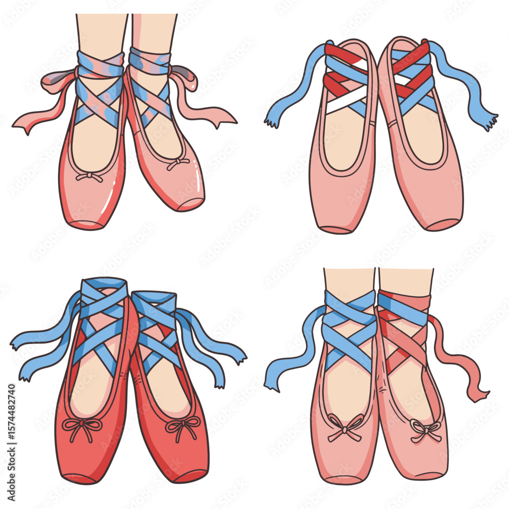 Four sets of ballet shoes are illustrated each with distinct ribbon ...