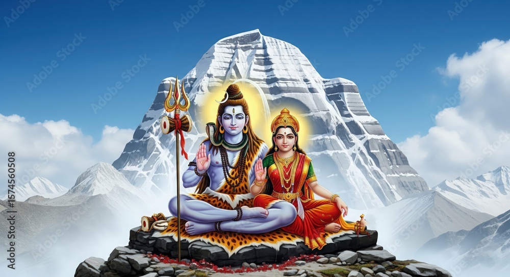 Shiv Parvati Sitting on Mount Kailash – Spiritual 4K Wallpaper (16:9) Stock Illustration | Adobe ...