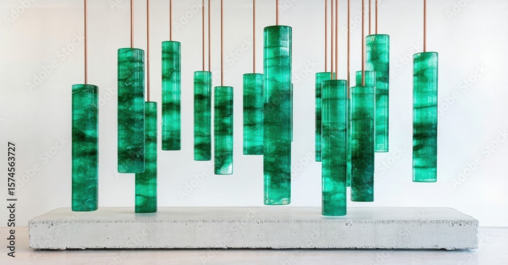 Green glass cylinders hang from rods atop concrete base. Modern ...