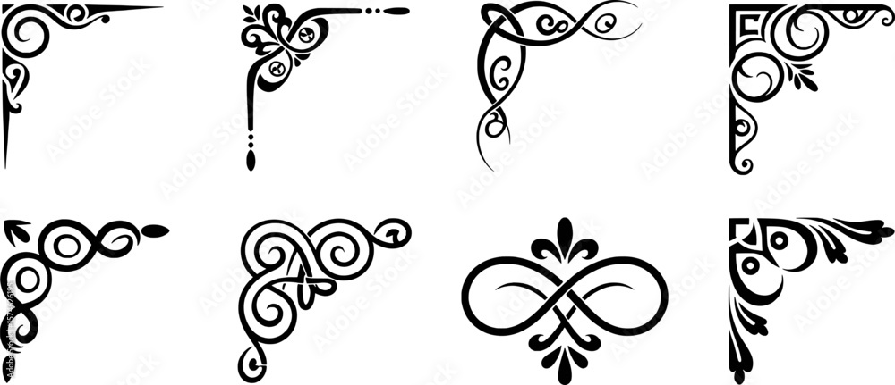 Ornate black decorative corner elements for design and embellishment ...