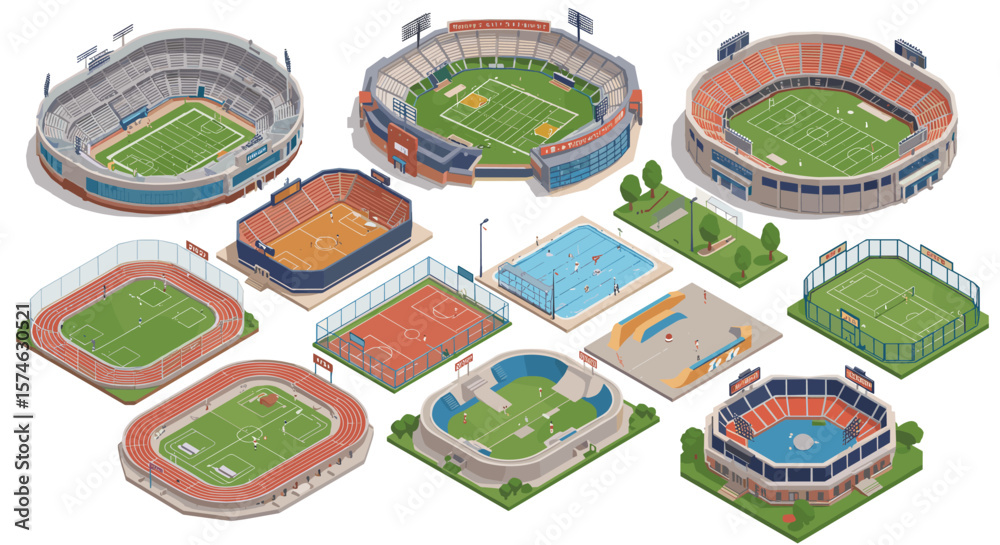 Isometric sports facilities collection with stadiums and courts in 3d ...