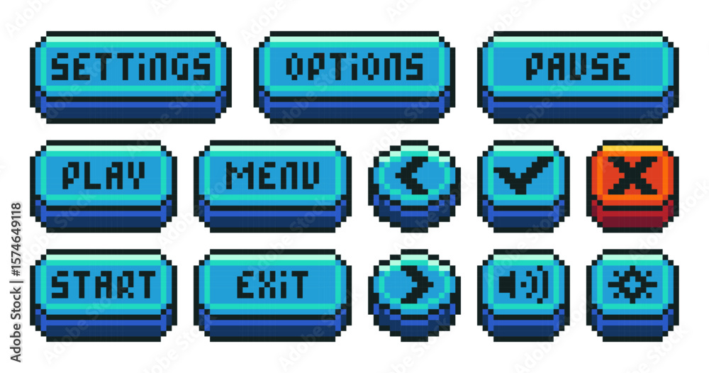 Interface menu pixel buttons. Video game UI navigation panel, retro 8 ...
