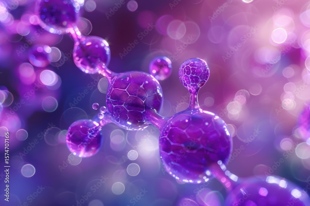 Purple molecule structure connecting atoms with bonds forming a complex ...
