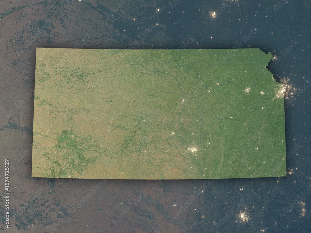 Very detailed night map of Kansas with clear state borders and visible ...