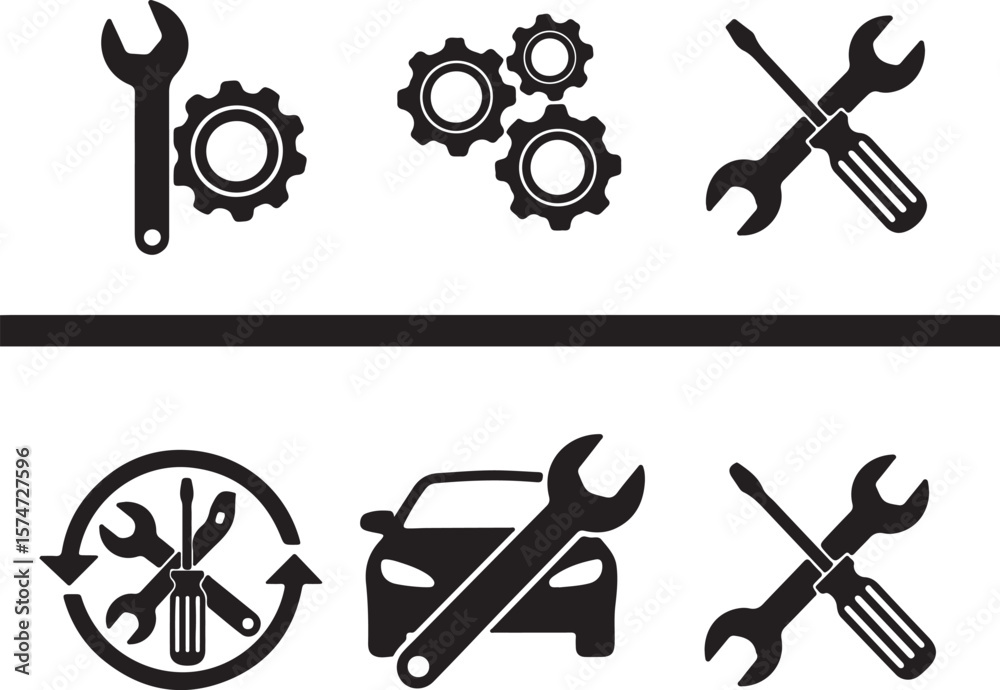 Mechanic Tools and Auto Repair Icons Wrench, Gears, and Car Service ...